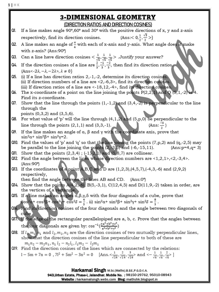 3-Dimensional Geometry: (Direction Ratios and Direction Cosines) | PDF | Rectangle | Angle