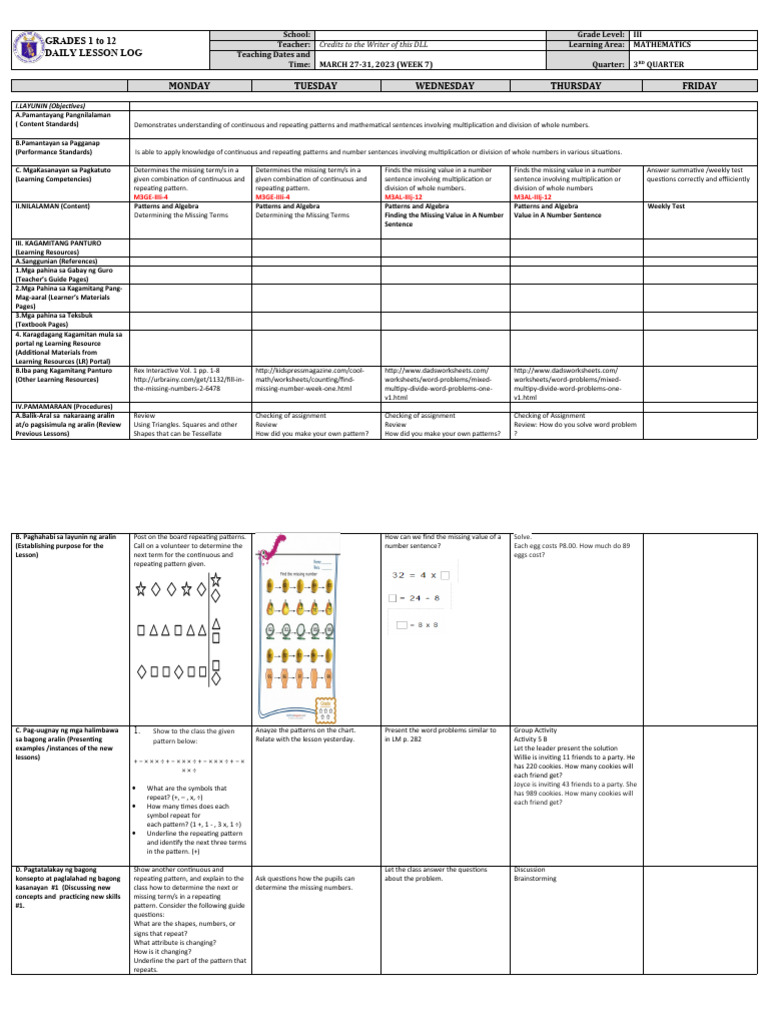 DLL Mathematics 3 q3 w7 | PDF | Learning | Cognition