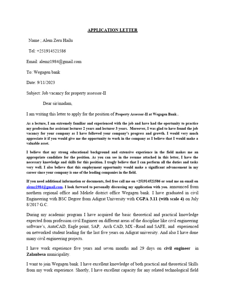 hagos APPLICATION LETTER | PDF | Engineering