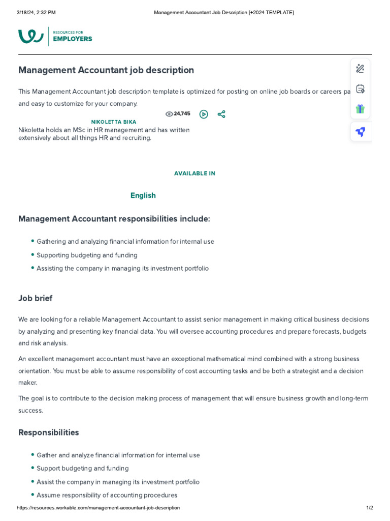 Management Accountant Job Description (+2024 TEMPLATE) | PDF ...