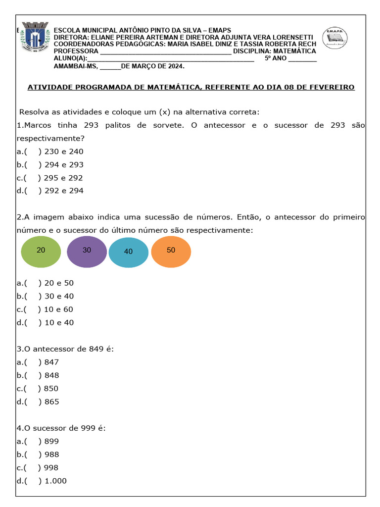 Atividades Do Plano de Matemática (Aulas Programadas de Fevereiro 2024) | PDF