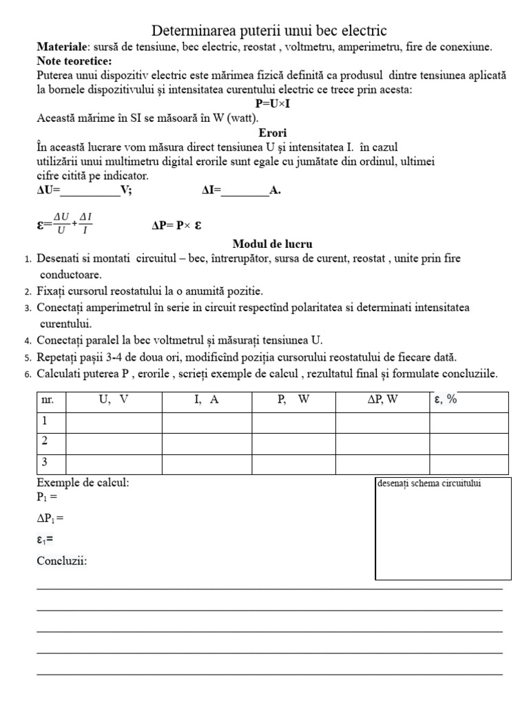 Determinarea Puterii Unui Bec Electric Word | PDF