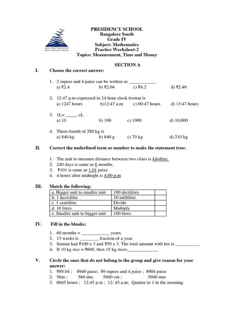 Gr4 - Math Practice Worksheet-2 | PDF | Litre | Units Of Measurement