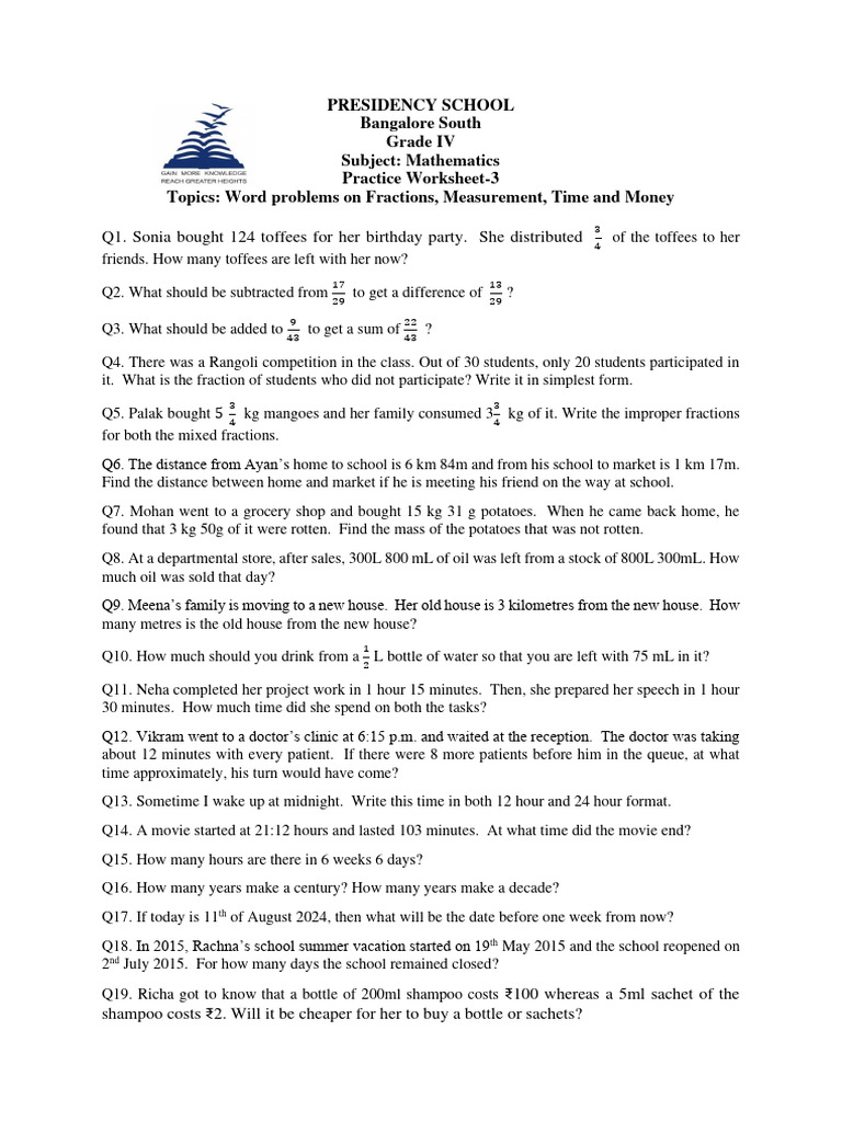 Gr4 - Math Practice Worksheet-3 | PDF
