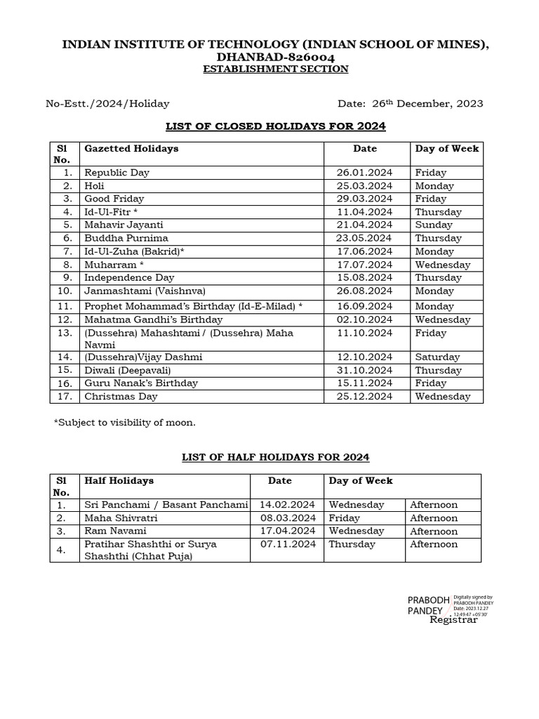 Holiday List Iit Ism DHANBAD 2023-24 | PDF | Religious Holidays ...