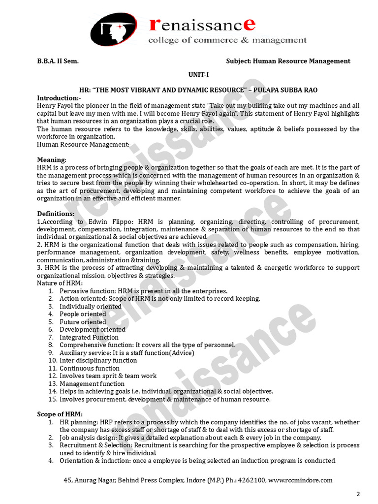 B.B.A. II Sem. Subject: Human Resource Management Unit-I HR: "The Most ...