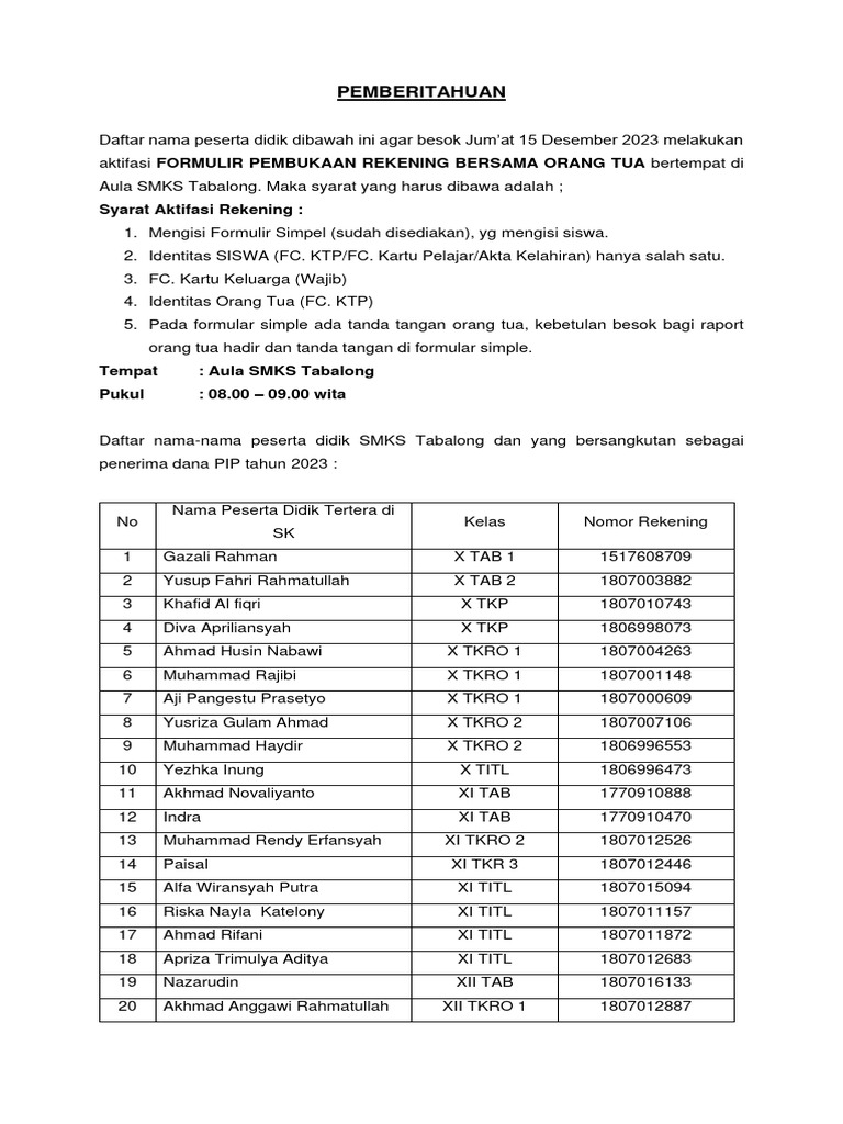 Pemberitahuan Penerima PIP 2023 | PDF