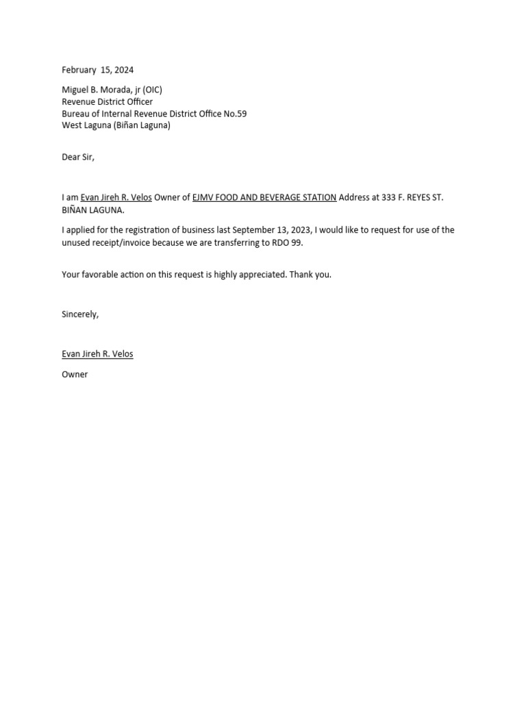 Request Letter For Closure Bir For Lihim Cafe | PDF