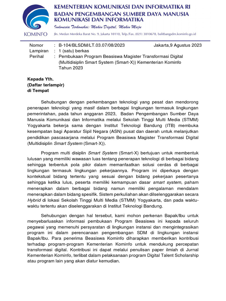 Pembukaan Beasiswa Magister Transformasi Digital (Smart System) Final | PDF