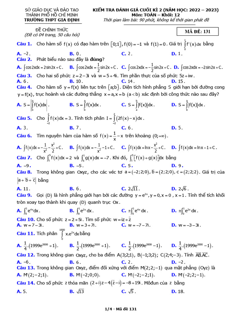 De Cuoi Ki 2 Toan 12 Nam 2022 2023 Truong THPT Gia Dinh TP HCM | PDF