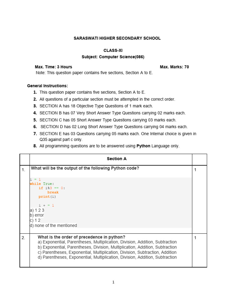 Cbse Half Yearly Computer Science Xi Pdf Python Programming Language Computer Programming