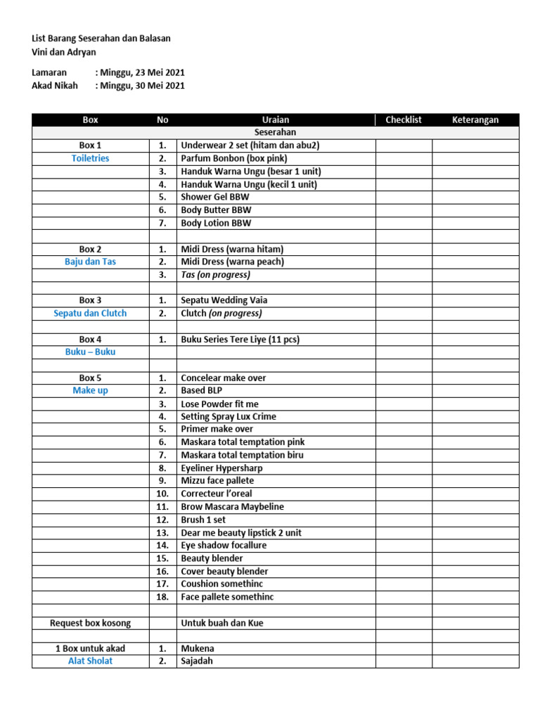 List Barang Seserahan Dan Balasan - Vini Adryan | PDF | Pengembangan ...