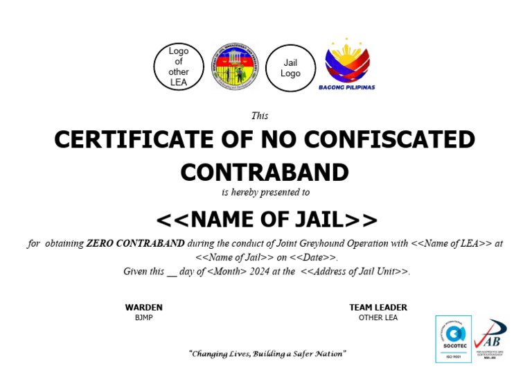 Certificate of No Confiscated Contraband | PDF