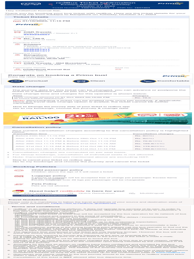 Redbus Ticket Information: Congrats On Booking A Primo Bus! | PDF | Bus | Baggage