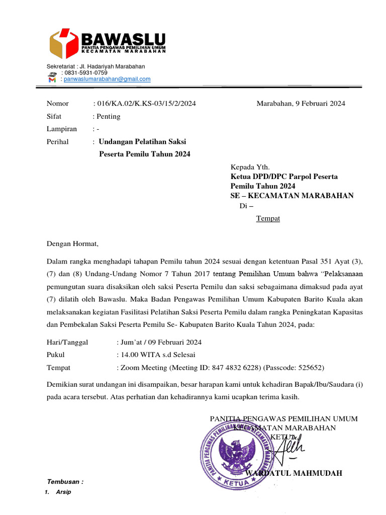 Undangan Pelatihan Saksi Pemilu 2024 | PDF