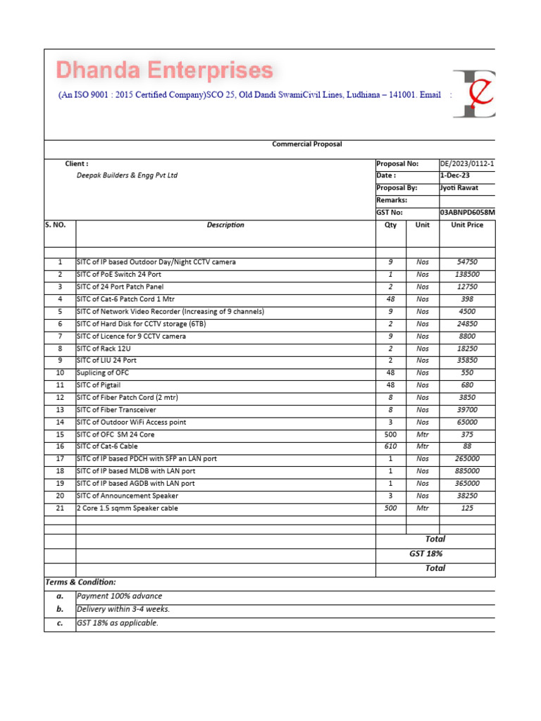 Jalandhar RLY FOB Quotation - ELV & Fire | PDF | Computing | Electronics