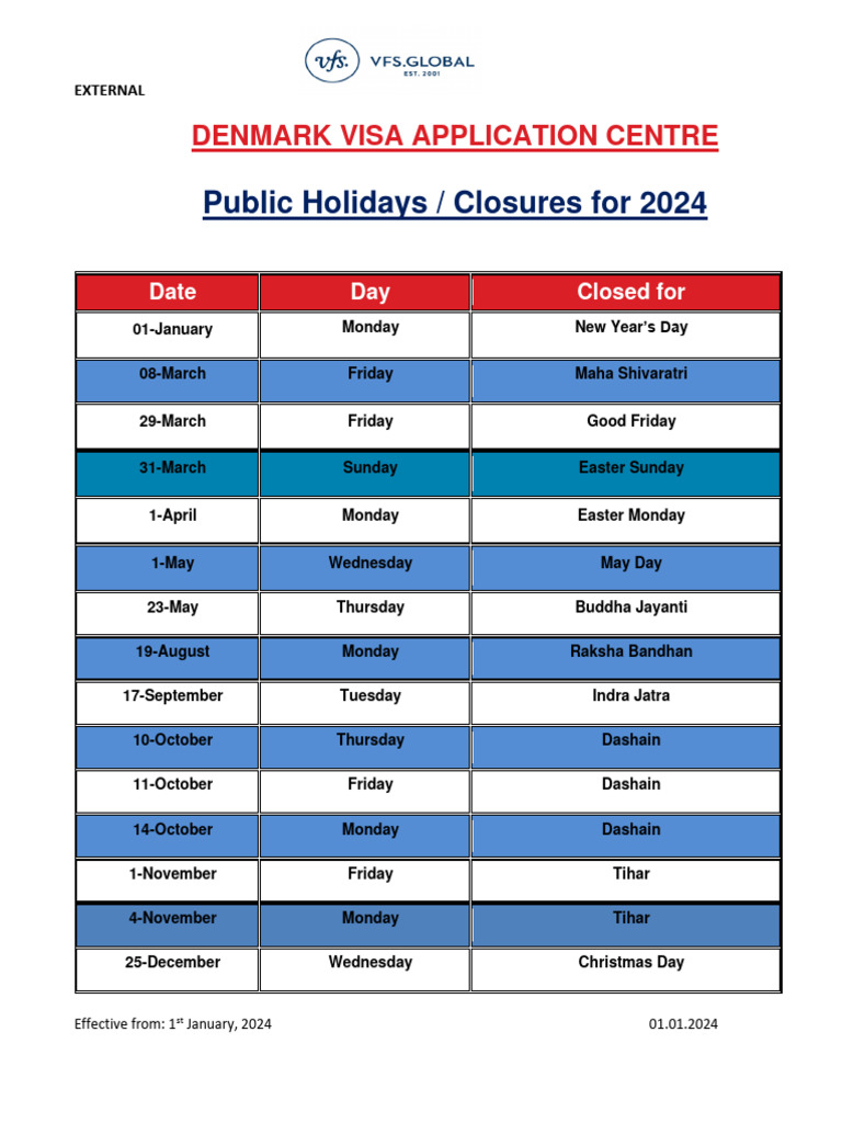 Holiday List Denmark 2024 | PDF