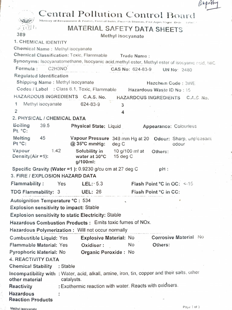 Methyl Isocyanate MSDS | PDF