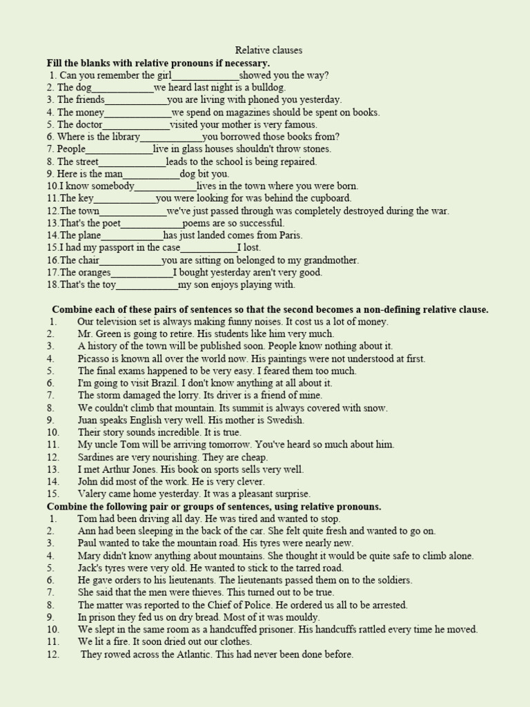 Relative Clauses Practice Worksheets | PDF