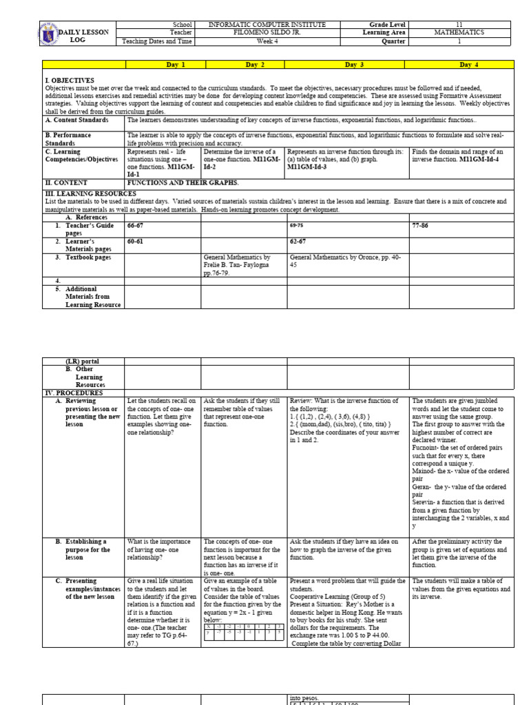 DLL-Gen-Math-Week-4 | PDF | Function (Mathematics) | Logarithm