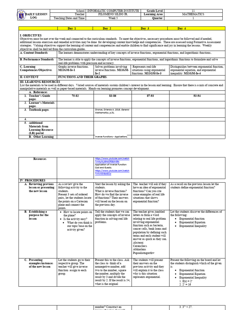 DLL Gen Math Week 5 | PDF | Function (Mathematics) | Exponential Function