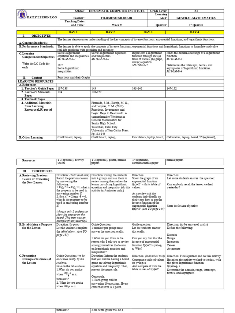 DLL-Gen-Math-Week-9 | PDF | Function (Mathematics) | Logarithm