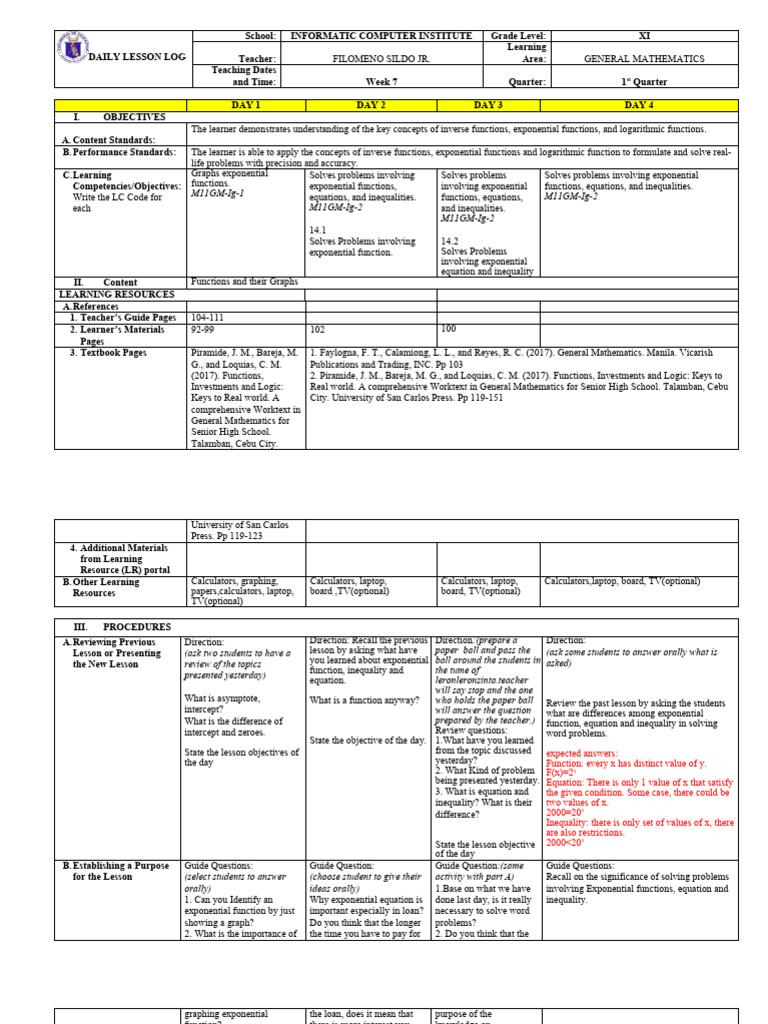 DLL Gen Math Week 7 | PDF | Function (Mathematics) | Exponential Function