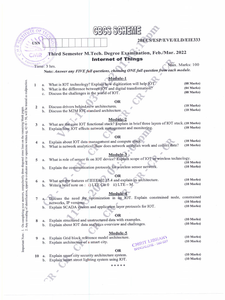 VTU Question Paper of 20ECS333 Internet of Things Feb-2022 | PDF