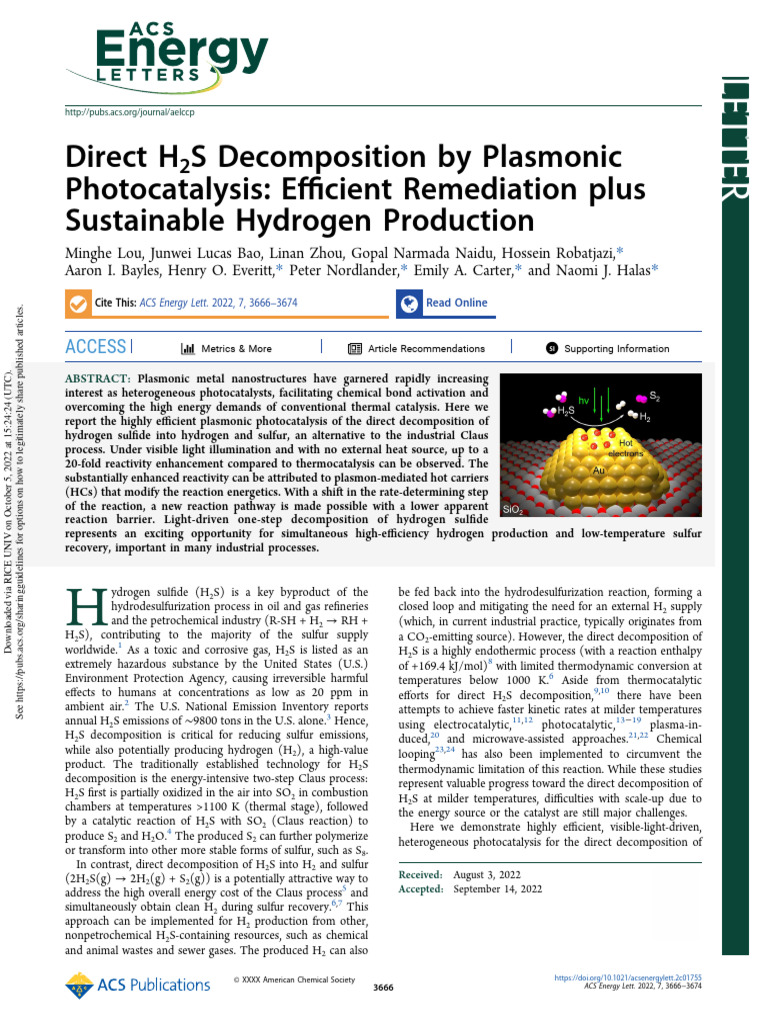 Direct H2 SDecompositionby Plasmonic Photocatalysis | PDF | Chemical Reactions | Catalysis