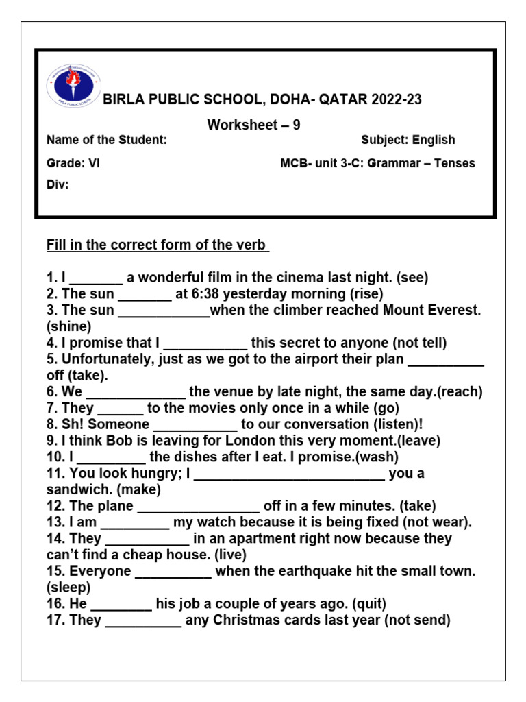 Worksheet 9 Grammer Tenses | PDF | Language Arts & Discipline