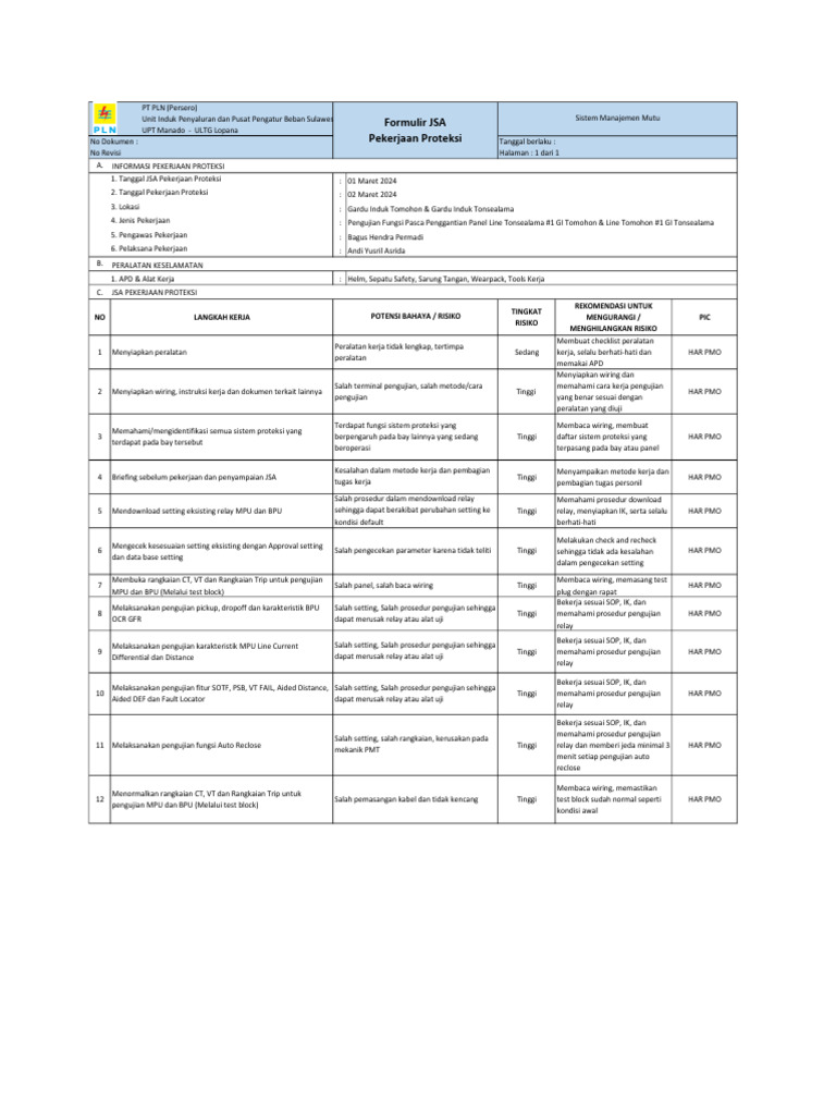 JSA Proteksi Pengujian Fungsi Pasca Penggantian Panel | PDF