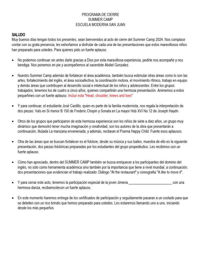 Programa de Cierre Summer Camp | PDF