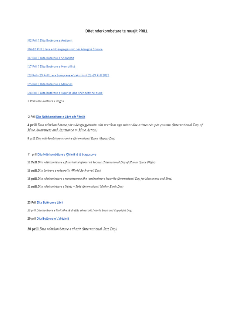 Ditet Nderkombetare Te Muajit PRILL | PDF