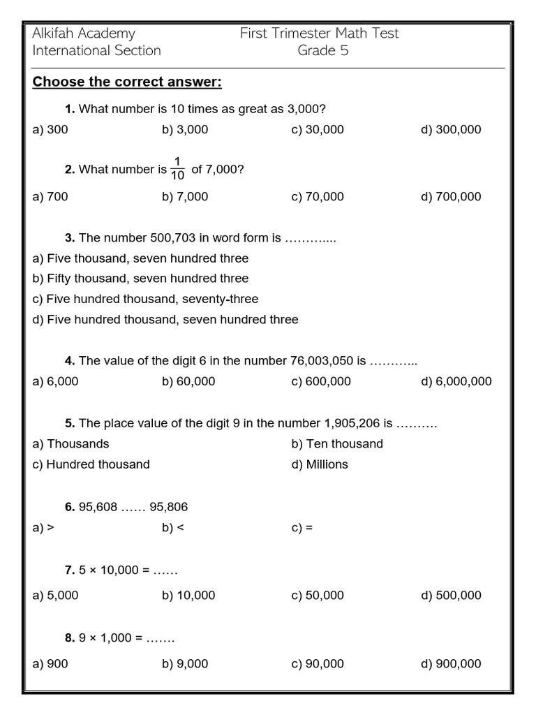 Grade 5 First Trimester Math Test | PDF | Data Collection | Educational ...
