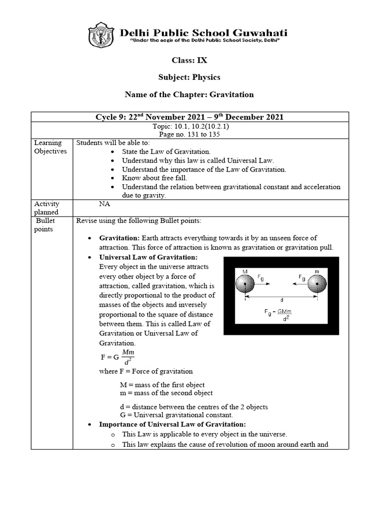 Class 9 Lesson Plan Cycle 9 | PDF | Gravity | Newton's Law Of Universal ...