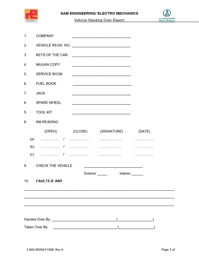 IMS-SEEM-F156B Rev.0 Vehicle Handing Over Document | PDF