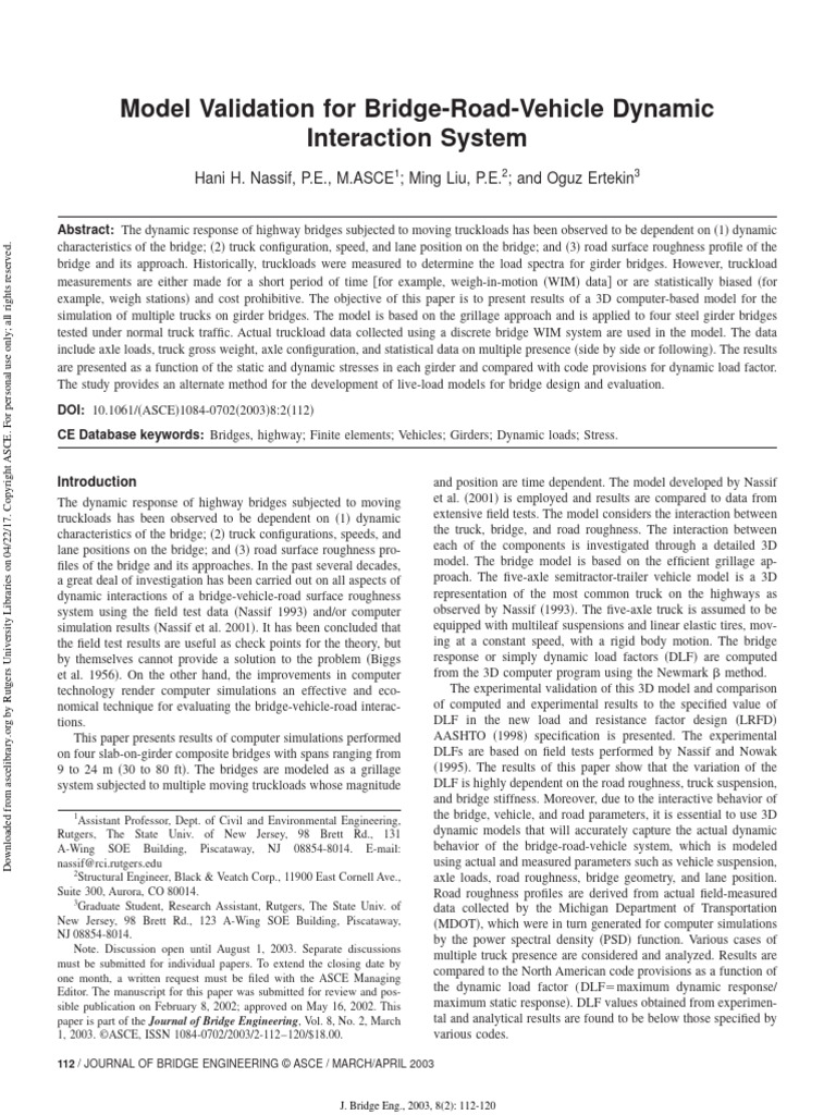 Model Validation For Bridge Road Vehicle Dynamic Interaction Pdf