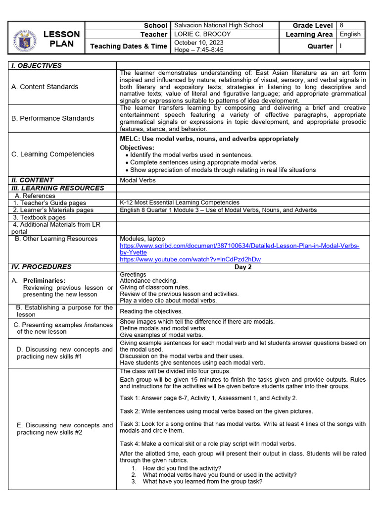 DLL Eng8 q1 Day 1 Cot | PDF | Learning | Verb