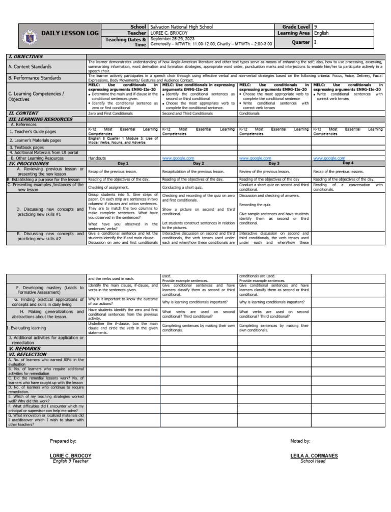 Q1Wk5 English 9 Conditionals | PDF | Learning | Verb