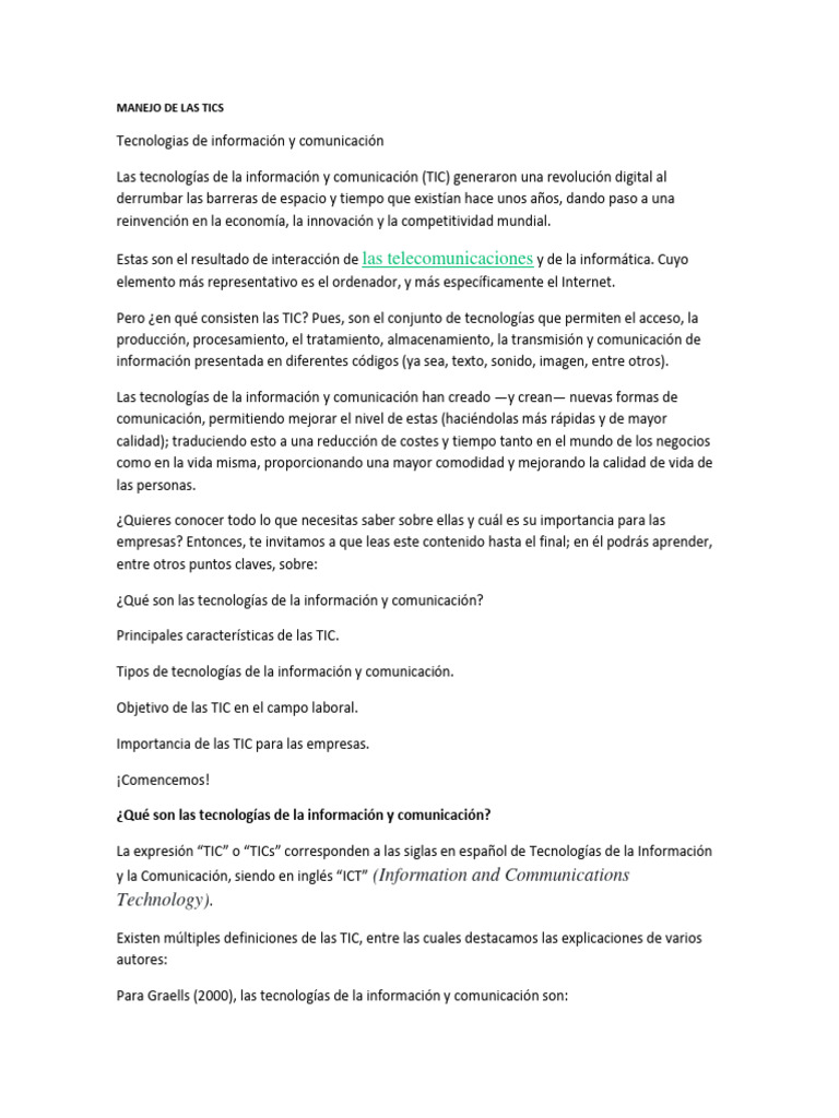 Manejo De Las Tics Pdf Tecnología De Información Y Comunicaciones