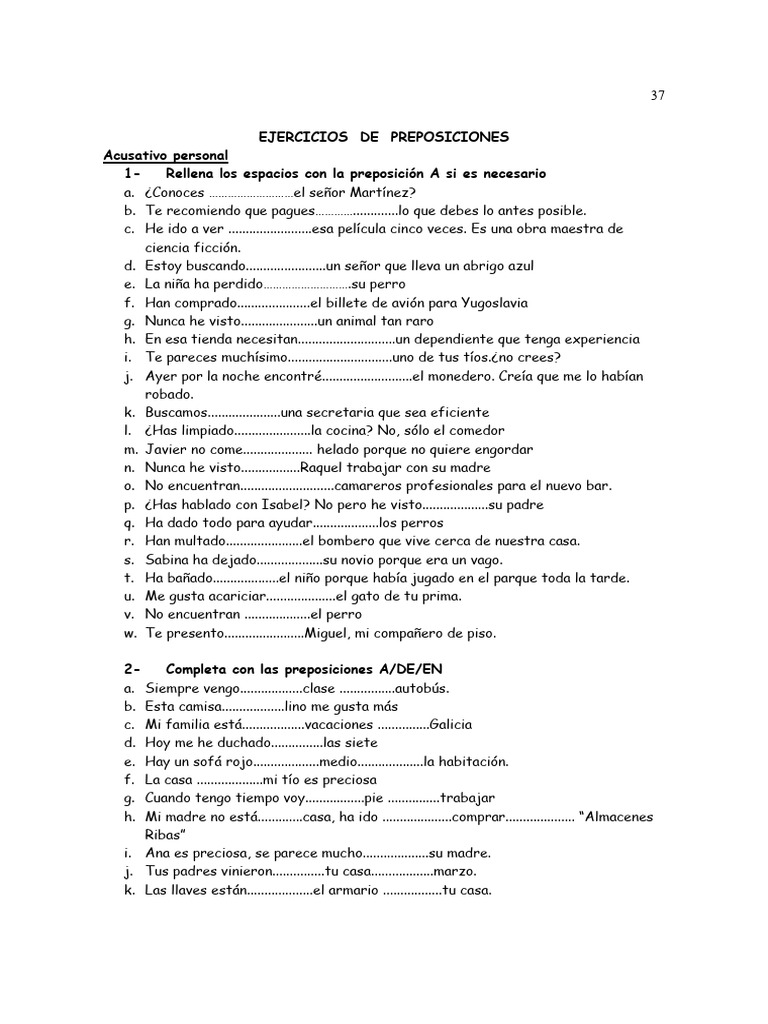 Ejercicios de Preposiciones | PDF