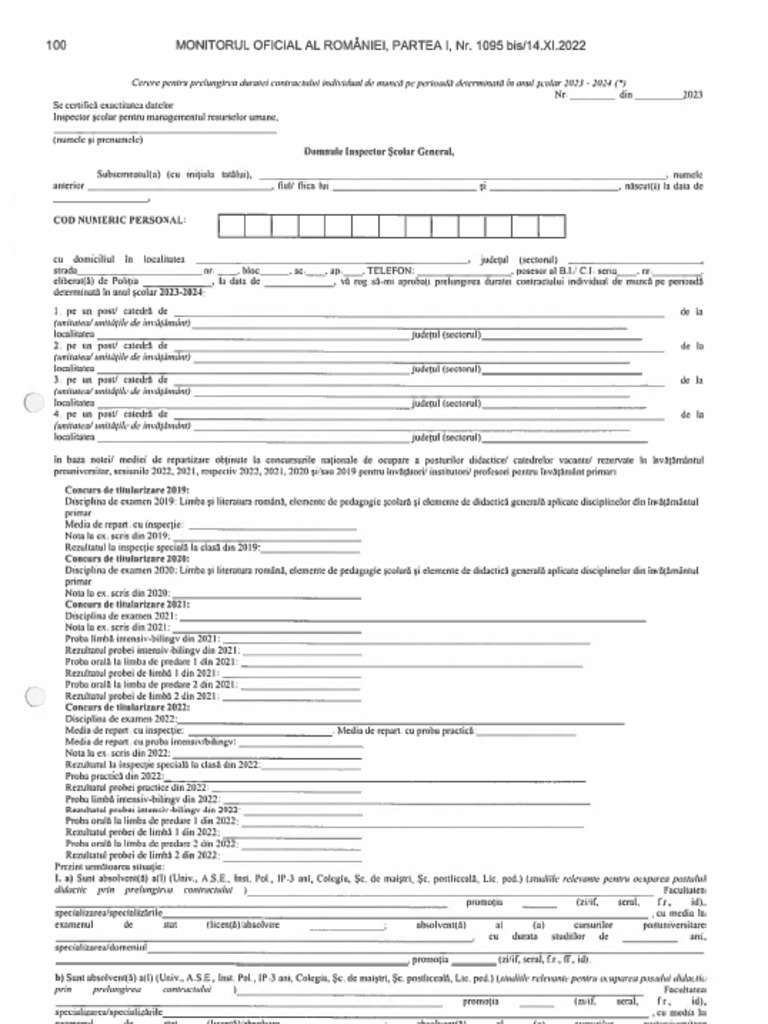 6 - Cerere Prelungirea Duratei Contractului Individual de Munca - 2023 - 2024 | PDF