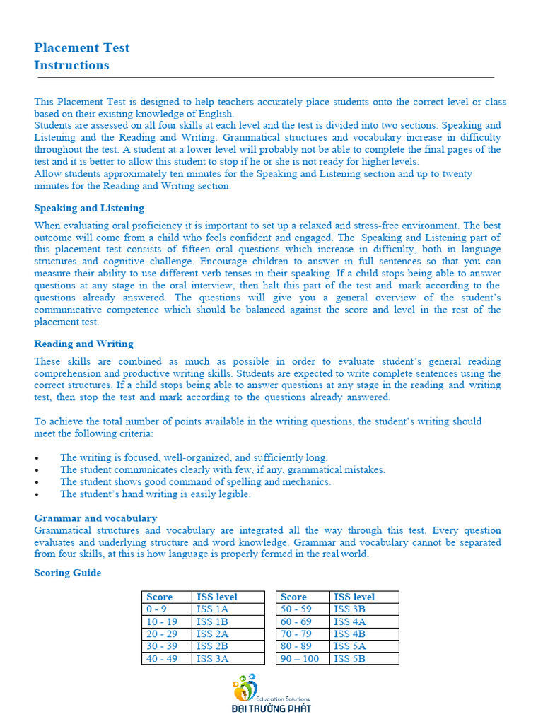 Primary Placement Test - ISS | PDF | Literacy | Human Communication