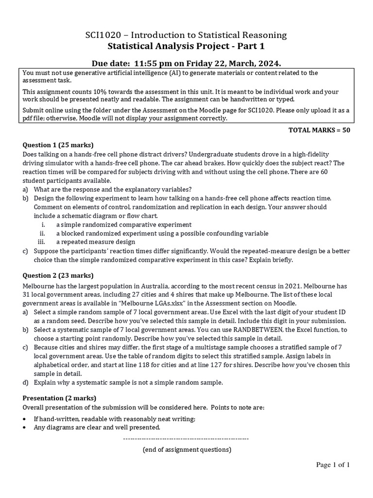 Project 1-2024-S1 | PDF | Sampling (Statistics) | Experiment