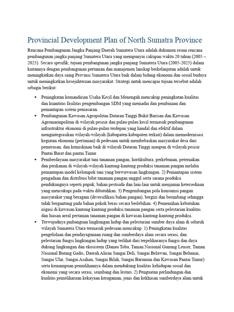 North Sumatra Development Plan | PDF