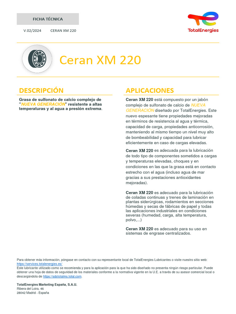 TDS_TotalEnergies_CERAN XM 220_4KF_202402_ES_ESP | PDF | Lubricante | Agua