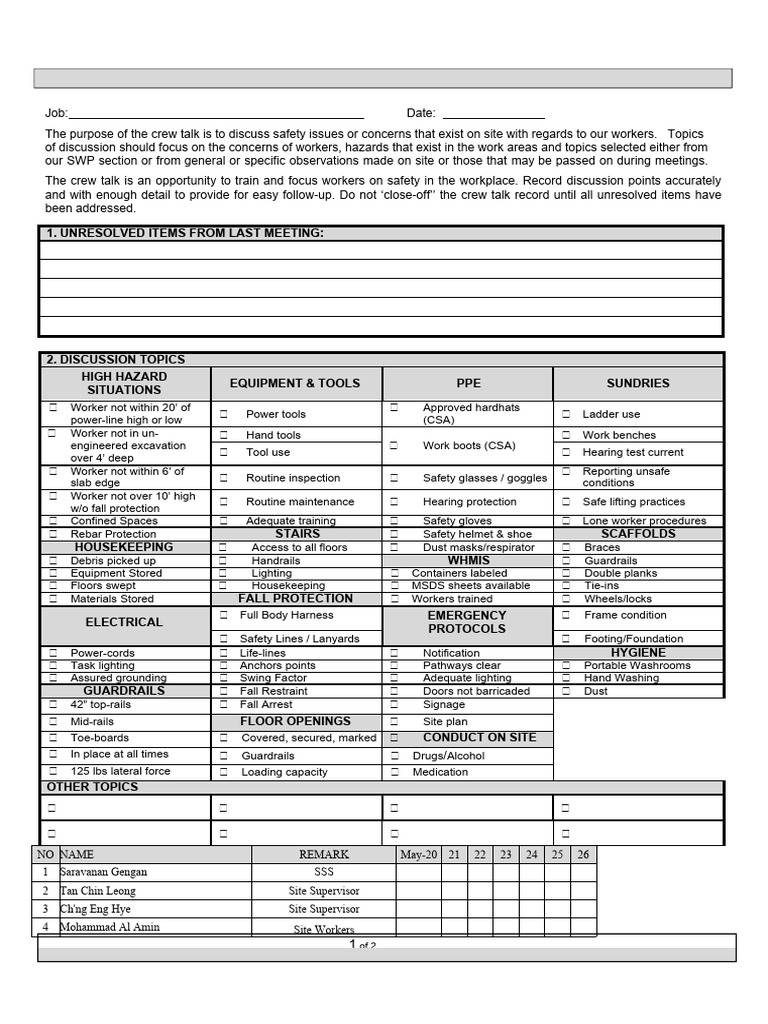 Toolbox Safety Meeting Agenda | PDF | Personal Protective Equipment ...