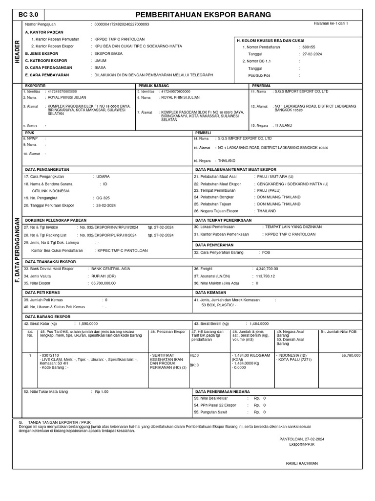 Pemberitahuan Ekspor Barang: Eksportir Pemilik Barang Penerima | PDF