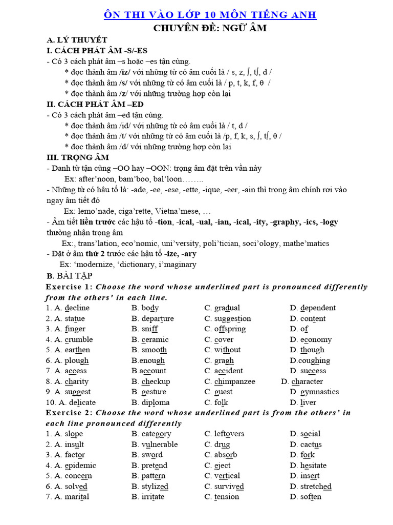 On Thi Vao Lop 10 Chuyen de Ngu Am Tieng Anh | PDF