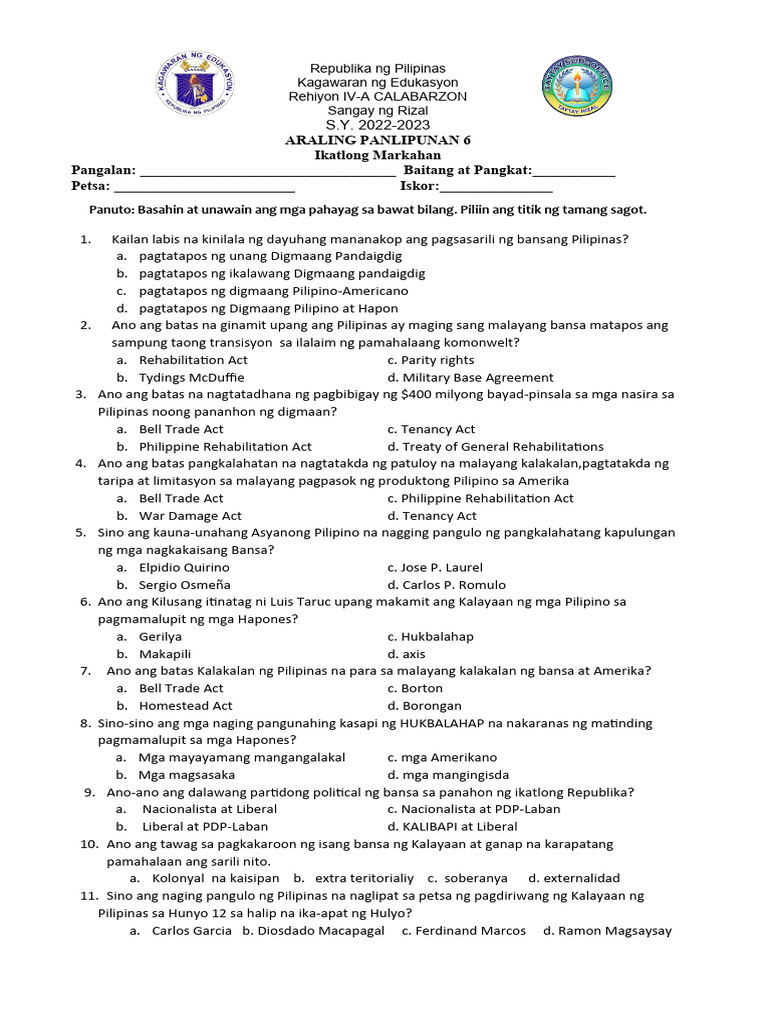 Ap6 - Third Quarterly Test | PDF